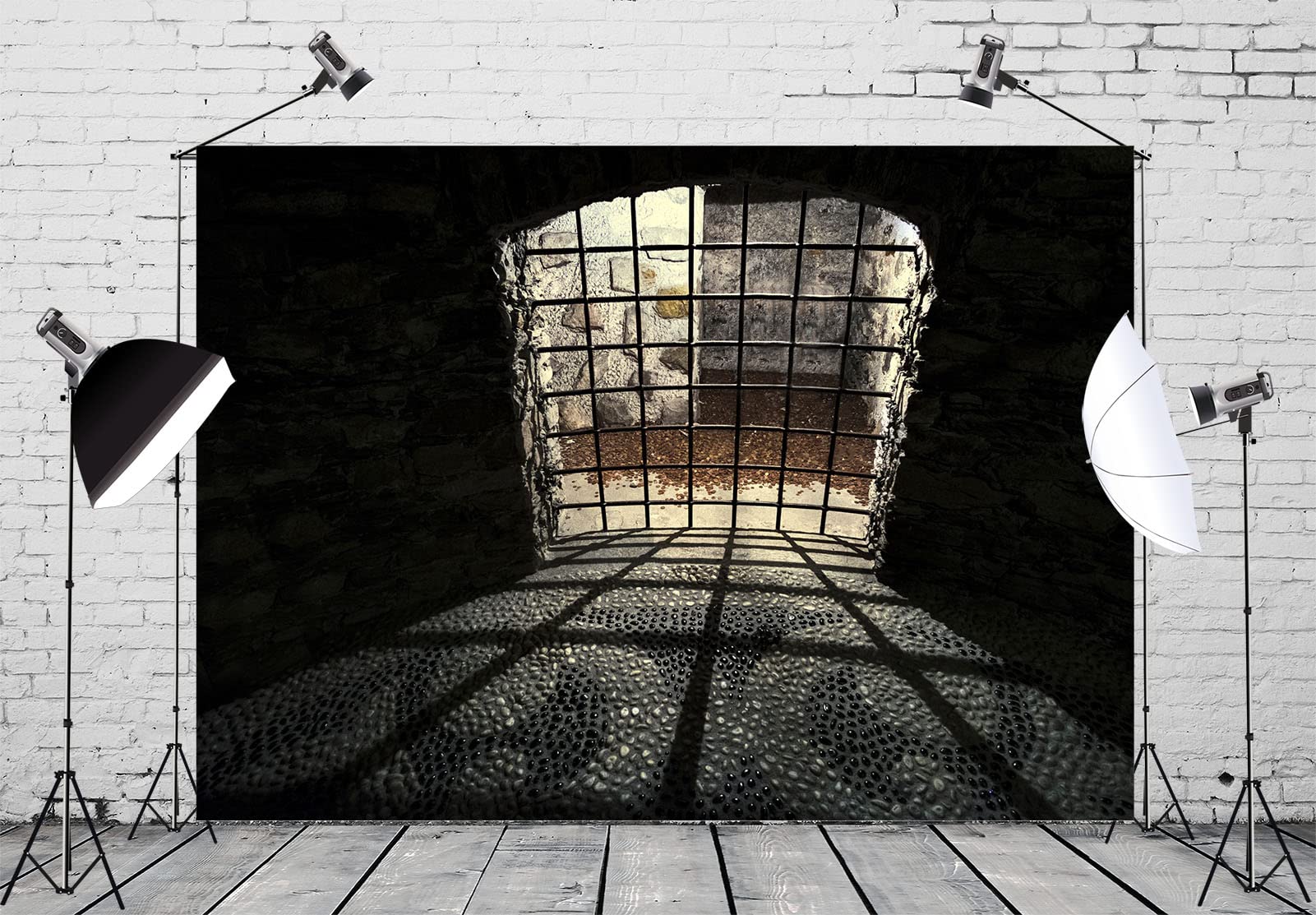 CORFOTO 5x3ft Fabric Medieval Jail Cell Backdrop for Photography Prison Window Light Background Old Dungeon Cell Party Decorations Murder Mystery Party Backdrop Photoshoot Booth Studio Props