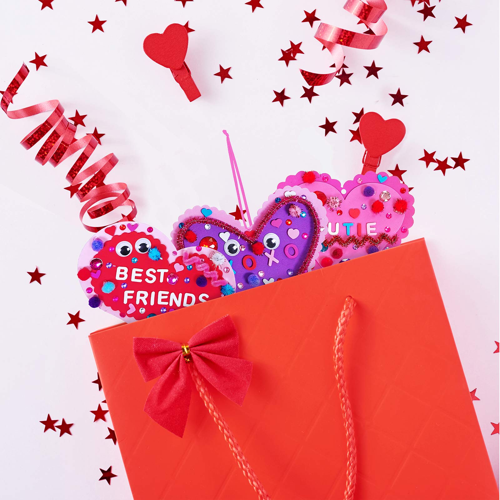 Winlyn 24 Sets Valentine's Day Heart Ornaments Decorations DIY Foam Heart Valentine Craft Kits Assorted Foam Heart Shapes Stickers Pom-poms Googly Eyes for Kids Classroom Art Activity Gift Exchange