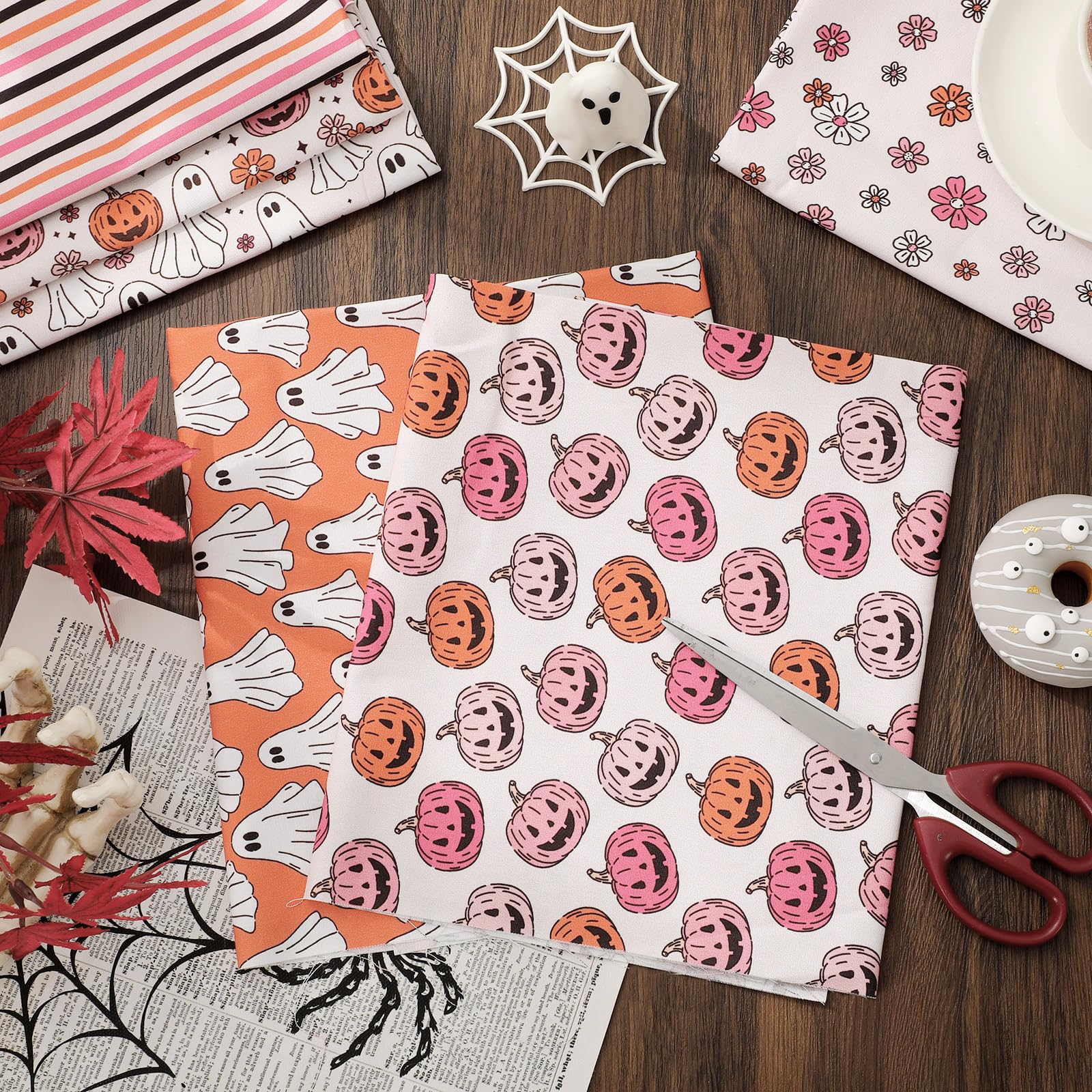JarThenaAMCS 12Pcs Halloween Cotton Fabric Bundles 18 x 22 Inch Pumpkin Ghost Flower Fat Quarters Pink Black Holiday Sewing Fabrics for DIY Craft Party Decor