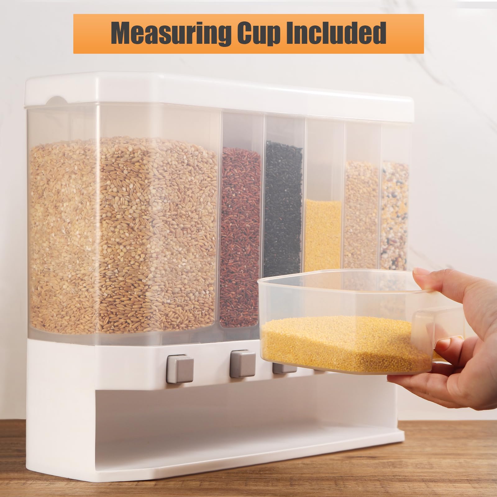 Grain Dispenser with Measuring Cup,Dry Food Dispenser Snack Dispenser Rice Dispenser for Kitchen Organizing,Kitchen Storage 25 Pounds Food Dispensers,6 Grid