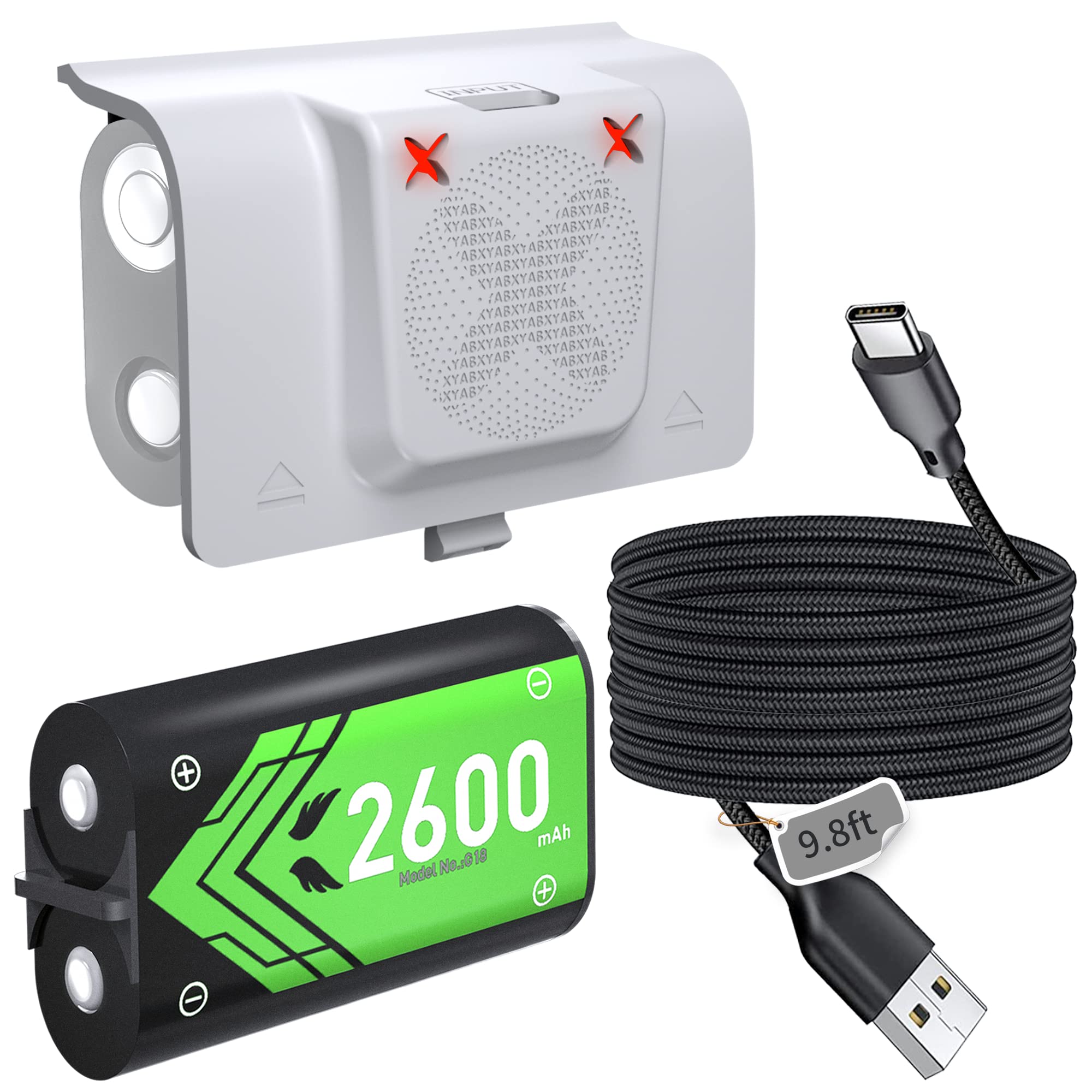 TAOZKAM Rechargeable Battery Pack for Xbox One/Xbox One S/Xbox One X/Xbox One Elite, 2600mAh Play and Charge Kit with 9.8FT USB Charging Cable and LED Indicator for Xbox Controller with Cover-White