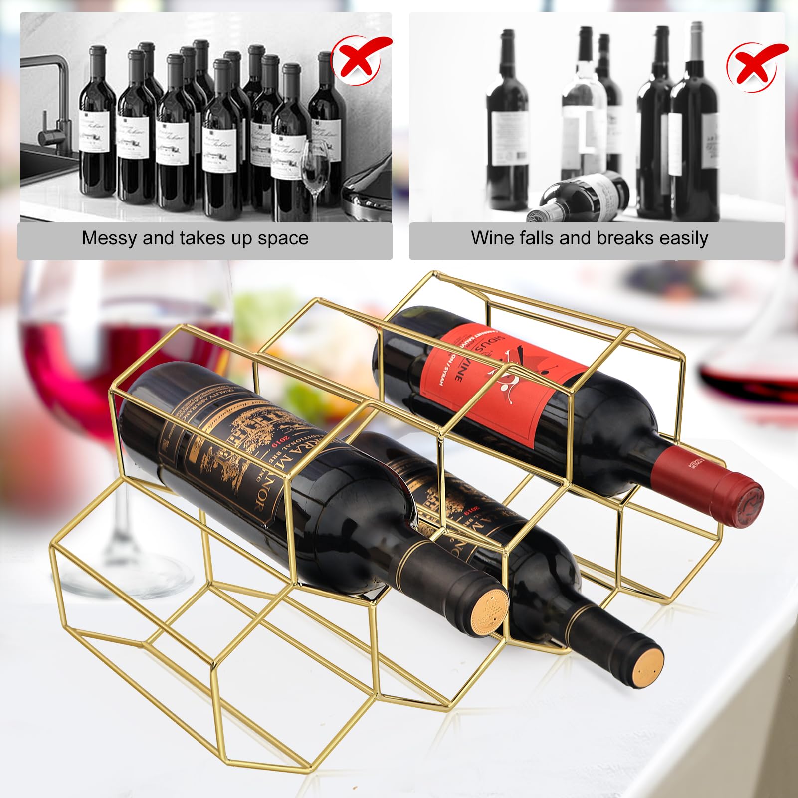 Countertop Wine Rack, Small Wine Rack for inside Cabinet, Gold Wire Wine Rack Holder, Wine Stand Metal Wine Rack for small spaces, Counter Wine Bottle Holder, Tabletop Wine Holder Rack for Kitchen Bar