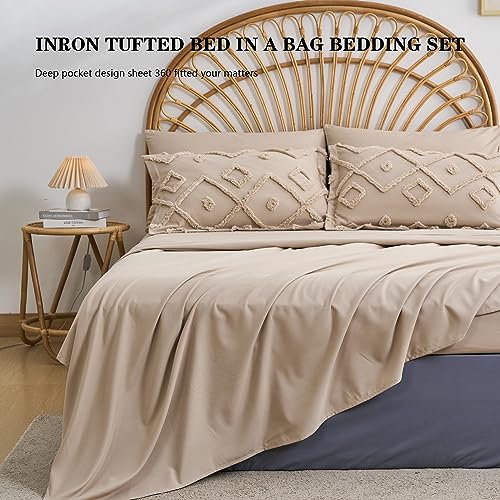 inron Khaki Queen Comforter Set Tufted Bed in a Bag Queen 7 Pieces,Geometry Shabby Chic Boho Comforter and Sheet Set.Jacquard Farmhouse Bedding for All Season(Khaki,90β*90β)