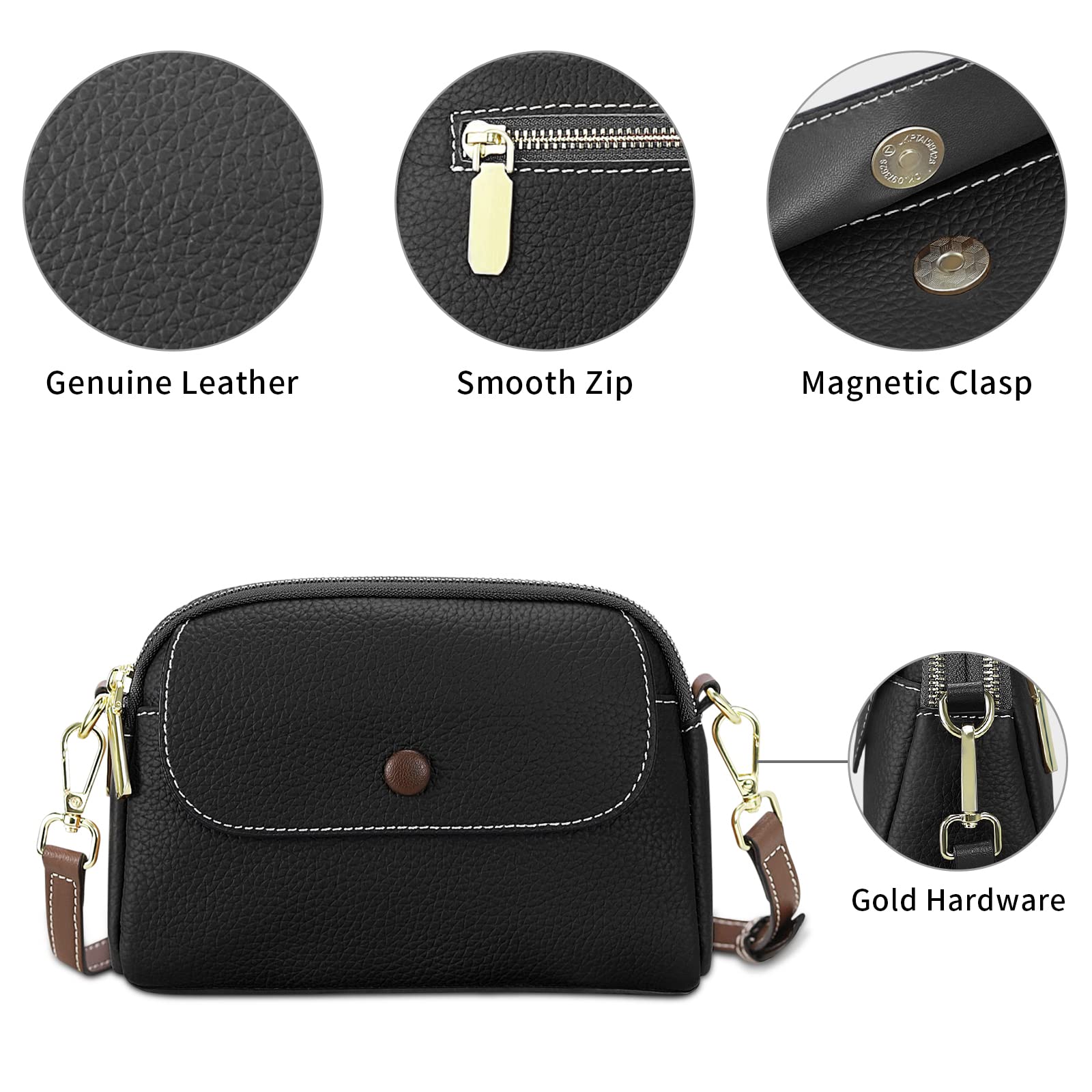 FUKUTAI Genuine Leather Crossbody Bag for Women - Shoulder Cross Body Handbags Purses Lightweight & Soft (Black)