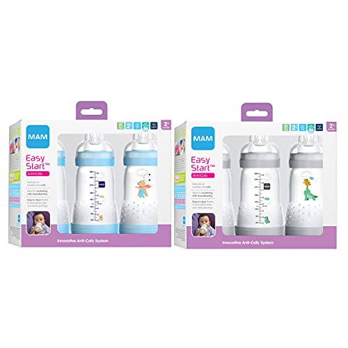 MAM Easy Start Anti-Colic Medium Flow Bottles 9 oz (6-Count), Gray and Blue