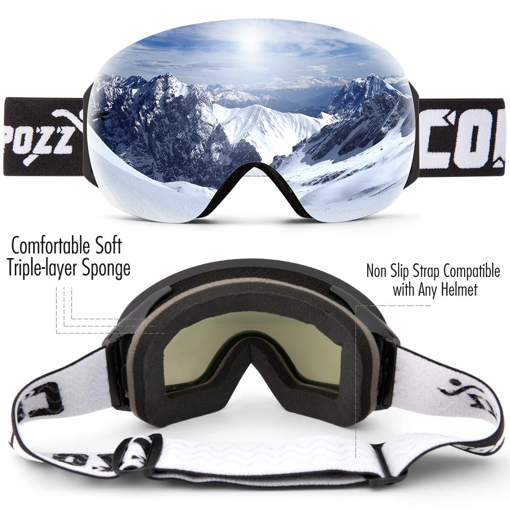 COPOZZ S2 Ski Goggles, Magnetic Snow Snowboard Goggles - Helmet Compatible Over Glasses OTG Design Non-Slip Strap UV400 Protection for Men and Women … (Silver Goggle-(VLT 8%))