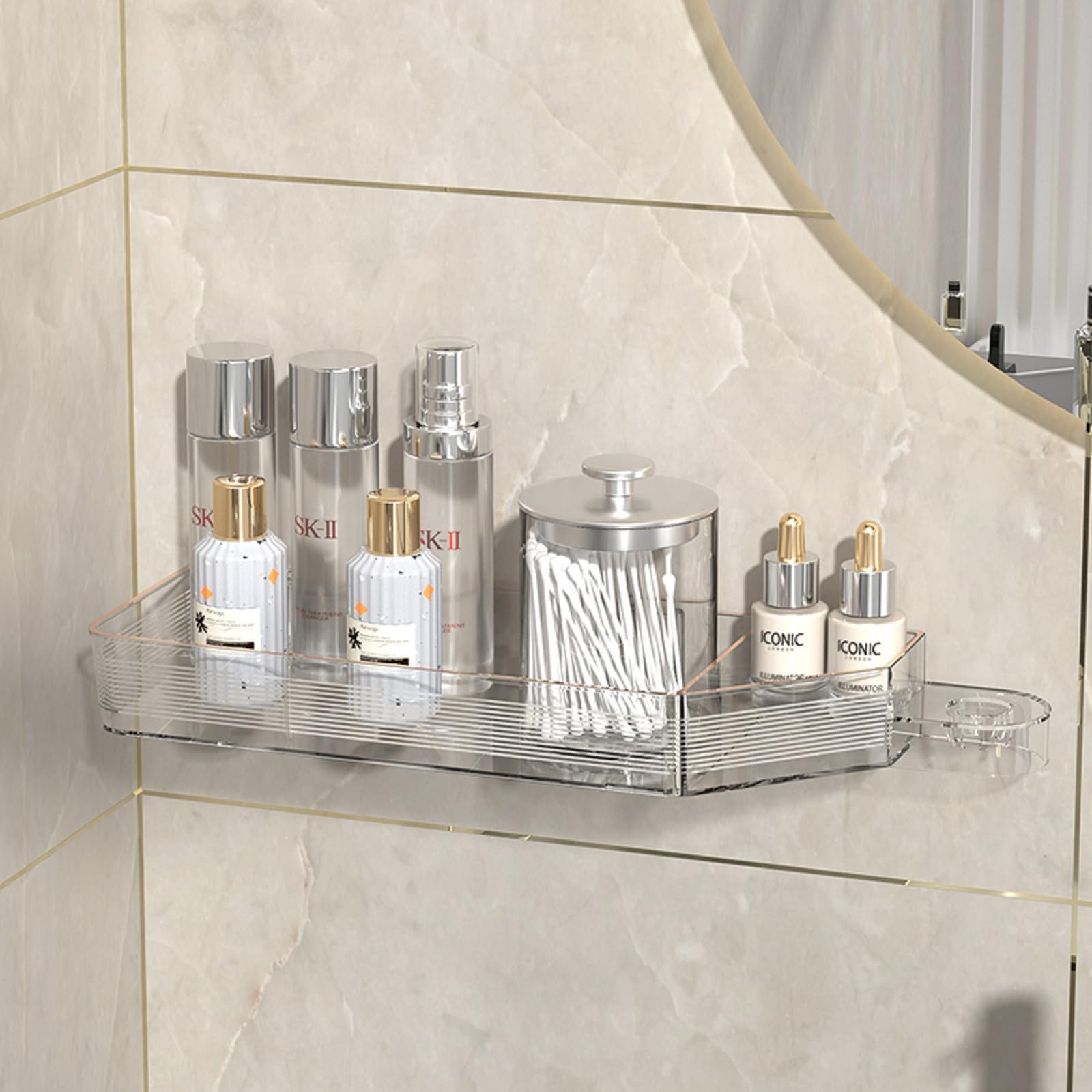 Hsiohe Clear Corner Adhesive Shower Caddy, Acrylic Wall Mounted Shower Shelf for Kitchen & Bathroom, No Drilling Shower Rack, Acrylic Bathroom Shelves with Self Adhesive Tape
