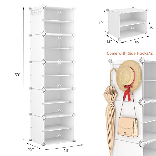 LANTEFUL 10 Tiers Tall Shoe Rack 20 Pair Shoe Organizer Narrow Shoe Rack with Door Portable Shoe Storage Cabinet with Hooks Sturdy Plastic White Shoe Rack for Entryway and Bedroom