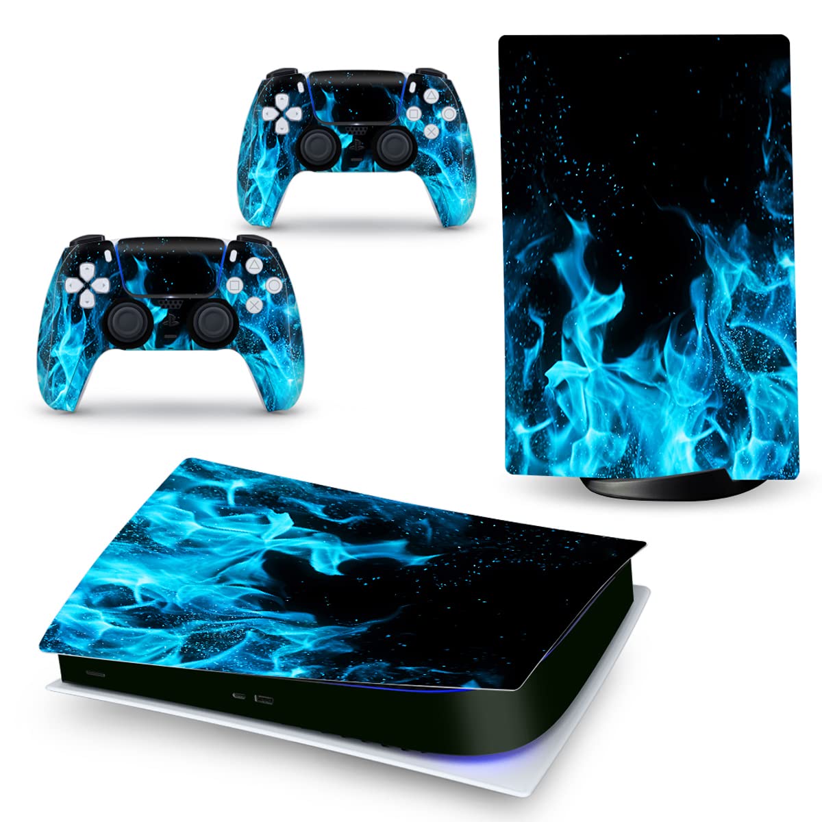 Full Body Vinyl Skin Stickers Wrap Decals Cover for PS5 Digital Edition Console & Controllers (Blue Flame)