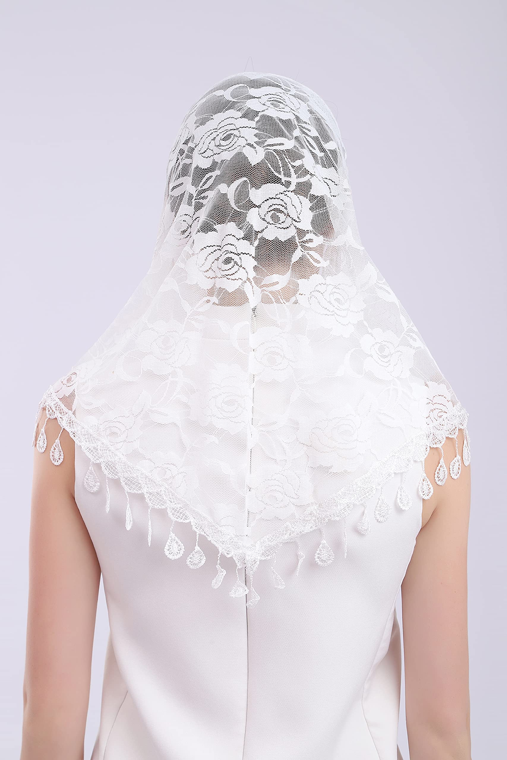 Cilkus Lace veil Mantilla veil Shawl or Scarf Latin Mass Head Cover with Fringed lace (White)