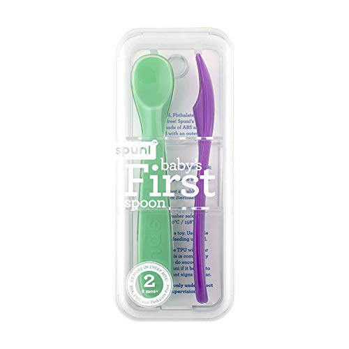 Spuni - Baby Spoon, Medical-Grade Soft Plastic Infant Feeder, Feeding Spoons for Babies (8 months+), Giggly Green & Peekaboo Purple, 2 Pack