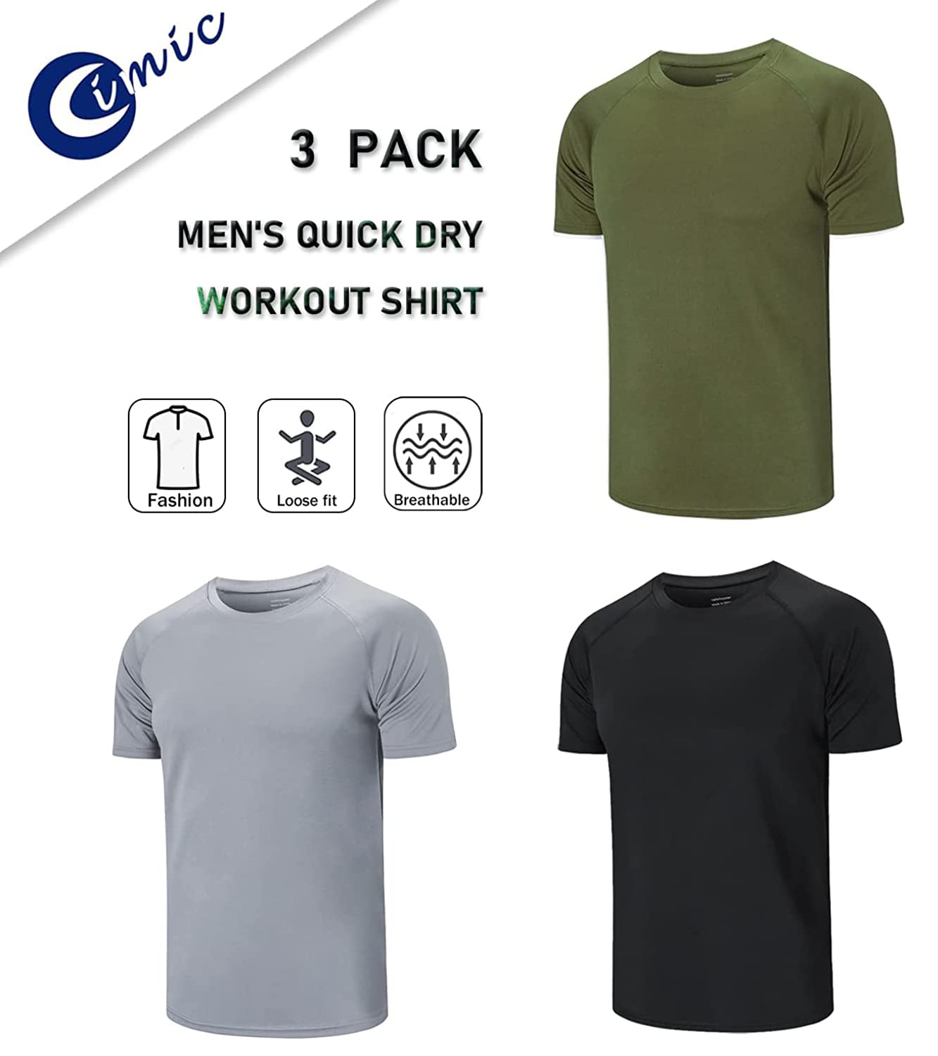 Cimic Workout Shirts for Men, 5 Pack Mens Crew Neck Casual Gym Shirts Short Sleeve Plain Athletic Moisture Wicking Dry Fit Active T-Shirts