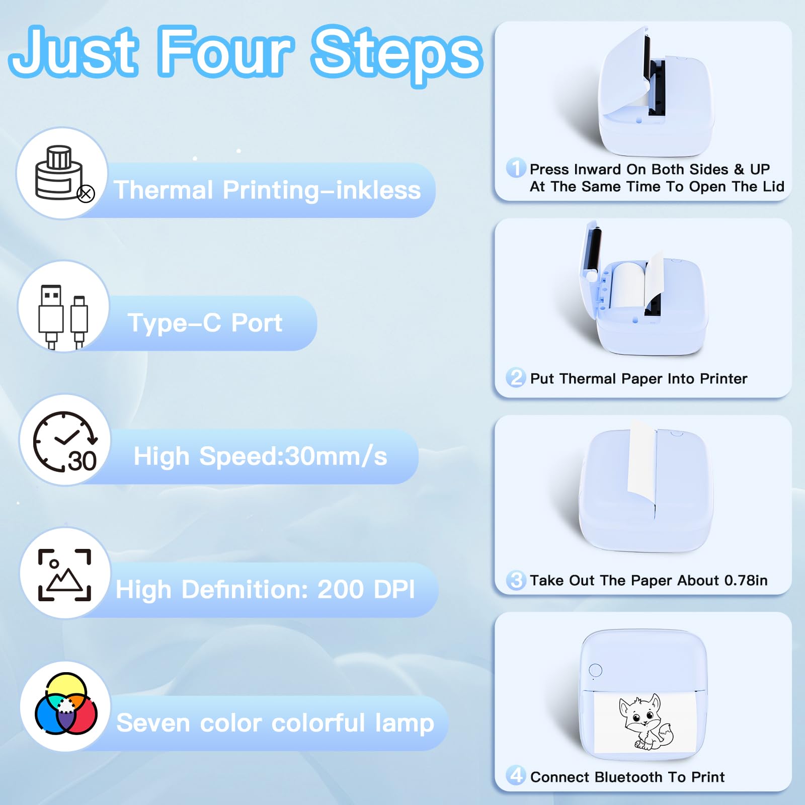 Mini Printer Sticker Printer Print Pod with 6 Rolls Sticker Paper, Seven Color Lighting Modes for DIY Scrapbook, Travel, Notes, Label, Memo, Compatible with iOS&Android