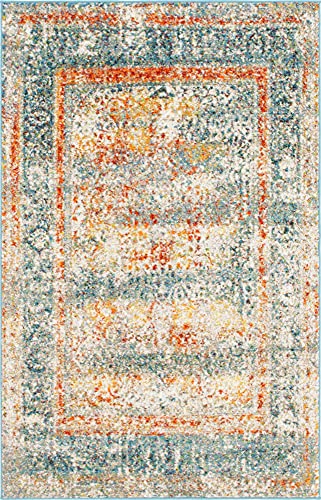 Unique Loom Rosso Collection Vintage, Traditional, Bohemian, Border, Distressed, Southwestern Area Rug, 4' 0" x 6' 0", Blue/Ivory