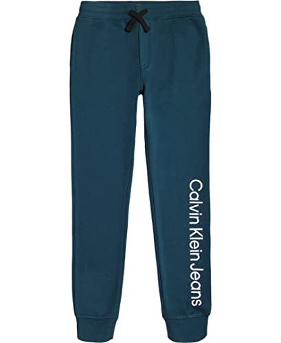 Calvin Klein Boys' Pull-On Fleece Jogger Sweatpants, Drawstring Closure, Vertical Logo Deep Cyan, 10-12