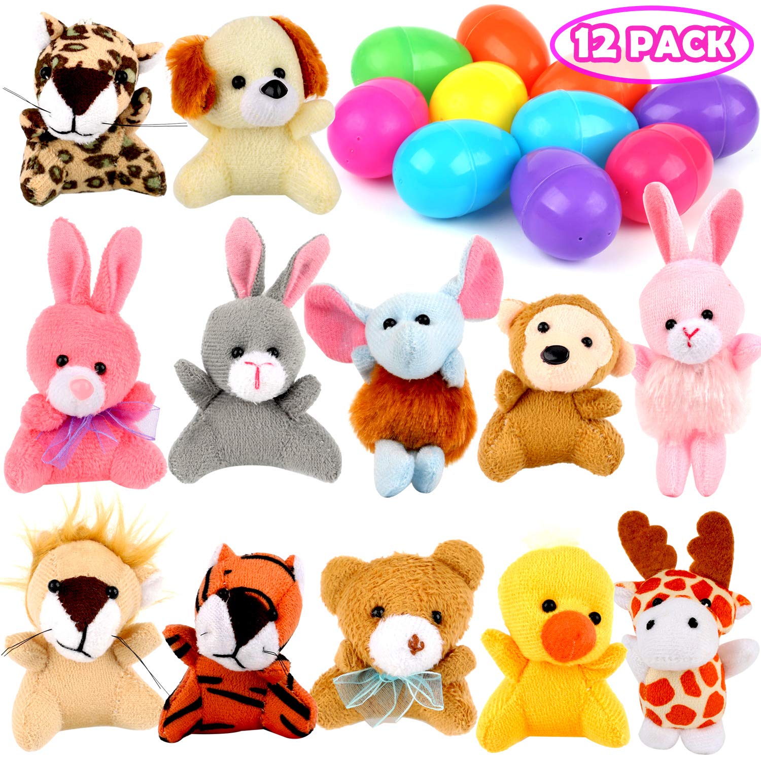 UFUNGA 12 Pack Prefilled Easter Eggs with Animal Plush 3.15Inch Plastic Easter Eggs for Easter Hunts, Basket Stuffers