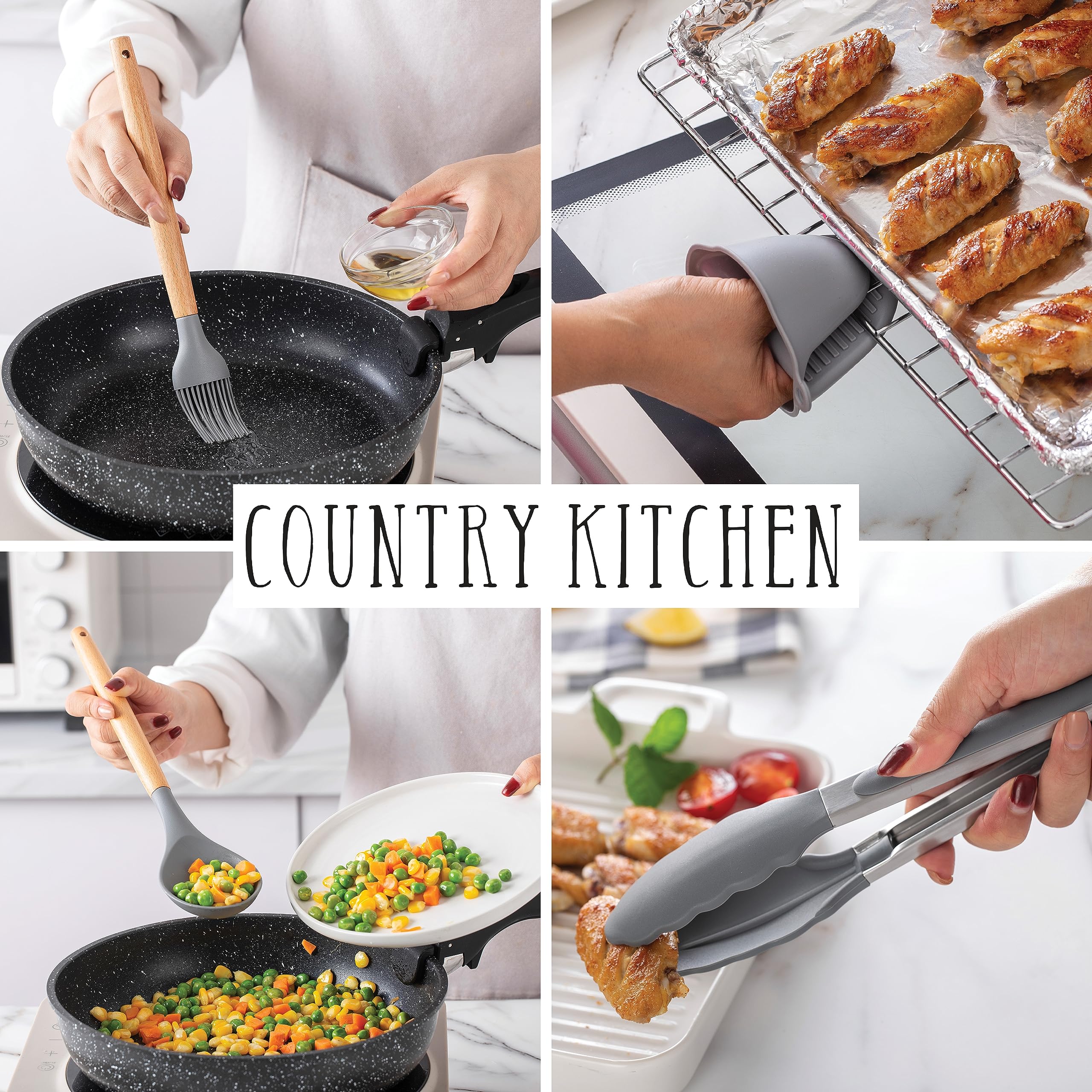 Country Kitchen Cooking Utensils Set - 40 pcs Non-stick Silicone Spatula Set with Holder, Wooden Handles and Heat Resistant Gadgets Utensil