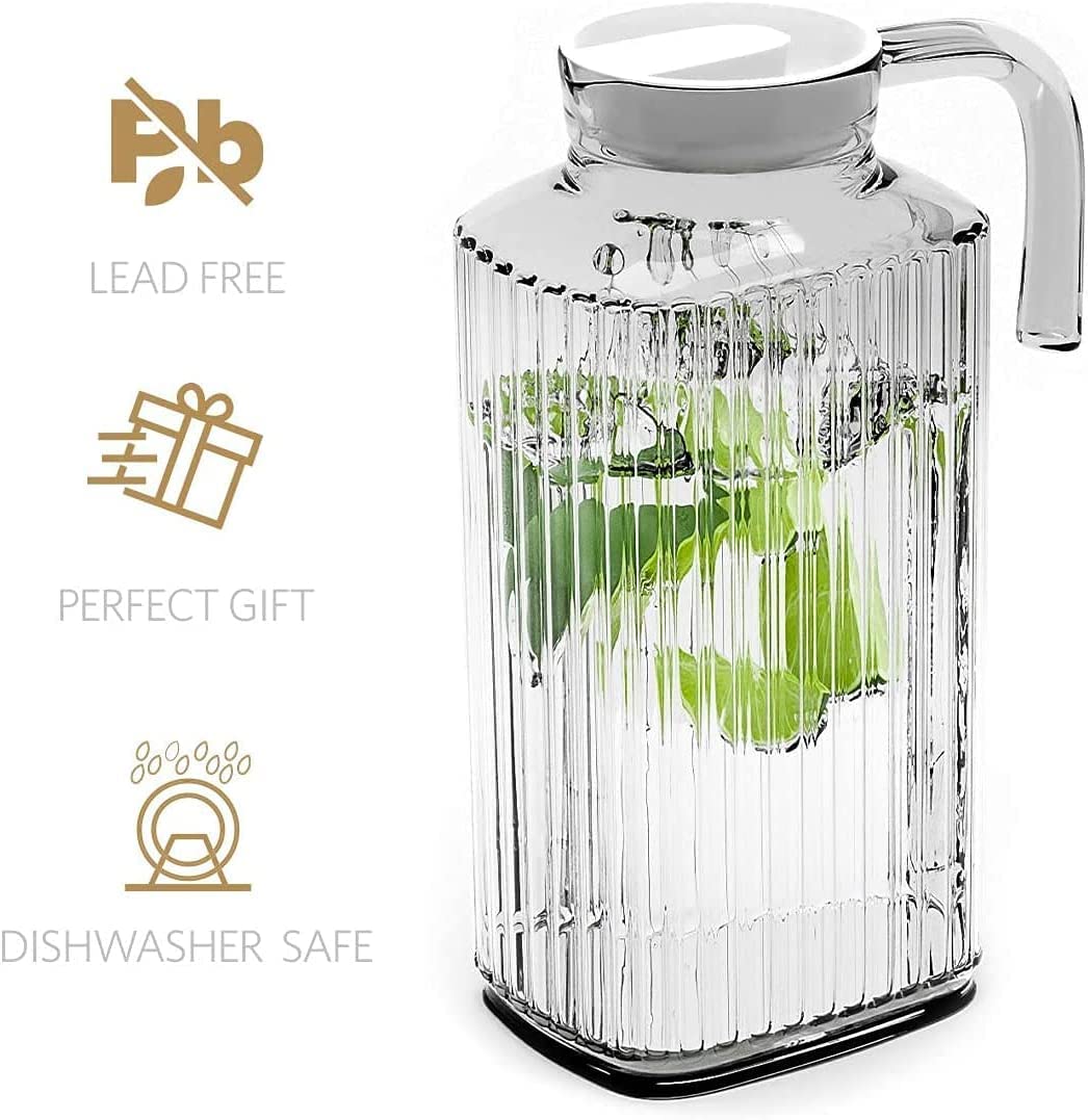 Fridge Pitcher Set of 2– 60 OZ. Glass Water Pitcher with Lid By Home Essentials & Beyond Practical and Easy to use Fridge Pitcher Great for Lemonade, Iced Tea, Milk, Cocktails and more Beverages.
