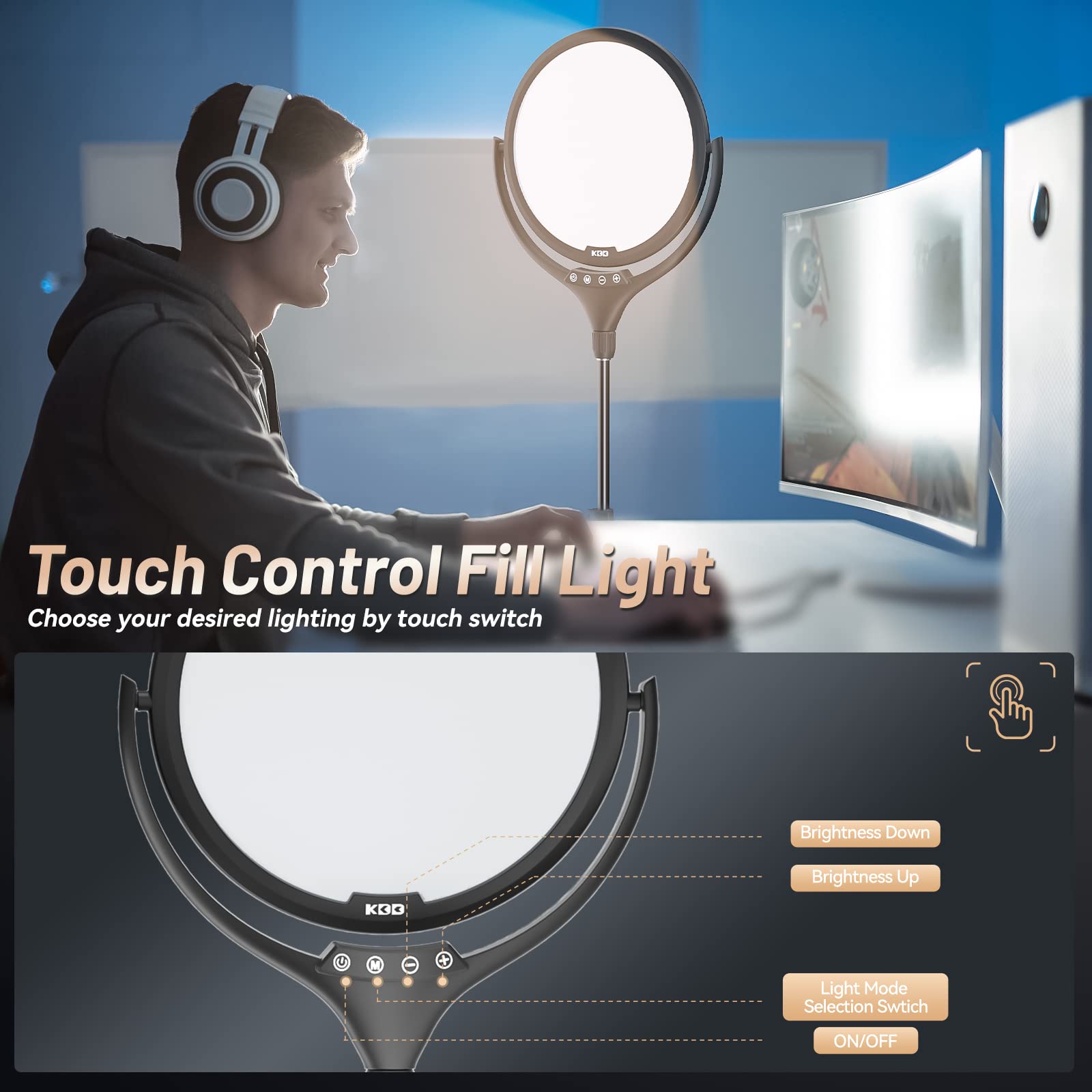 Full Screen Key Light for Streaming, Led Video Recording Lighting with Stand and Phone Holder, Professional Ring Light Kit with Stepless Dimming for Photography/Game Streaming/Makeup/TikTok/YouTube