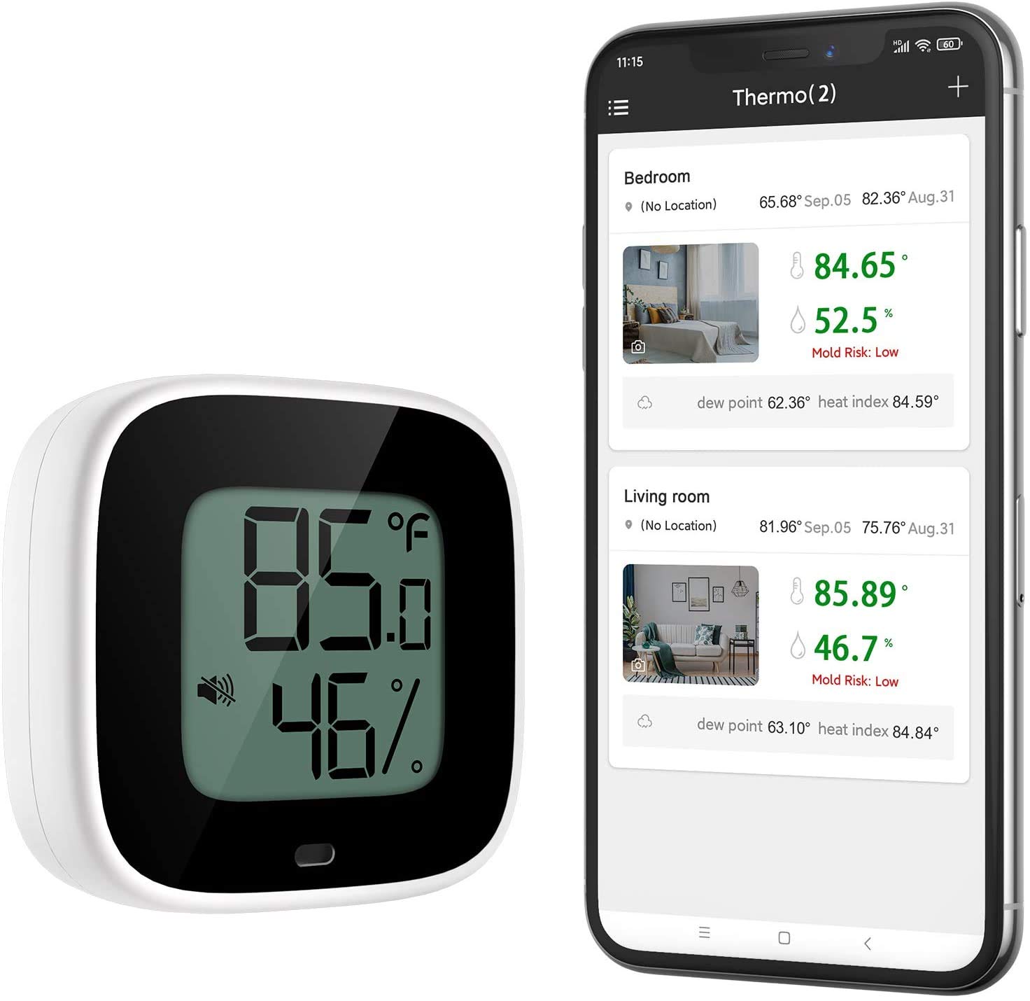 Wireless Thermometer Hygrometer for iPhone/Android, Smart Bluetooth Humidity Temperature Sensor with Alarm and Data Storage for Green House Guitar Camera Storage Humidor Incubator Monitor