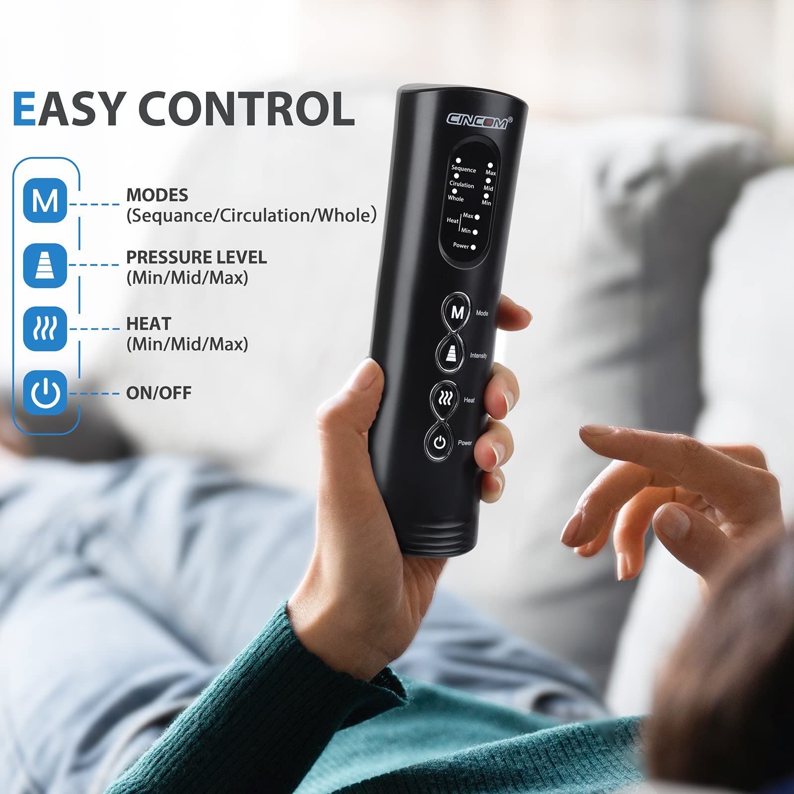 CINCOM Leg Massager, Leg Compression Massager with Heat for Circulation and Pain Relief Air Compression Foot Calf Thigh Massager with Handheld Controller