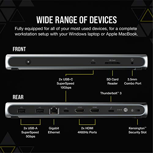 Corsair TBT100 Thunderbolt™ 3 Dock – 85W charging, Dual 4k 60Hz Support, 2x HDMI, 40Gb/s ,USB-C Gen 2 (15W) x2, USB-A 3.1 (7.5W) x2, Gigabit Ethernet – For Mac and PC laptops