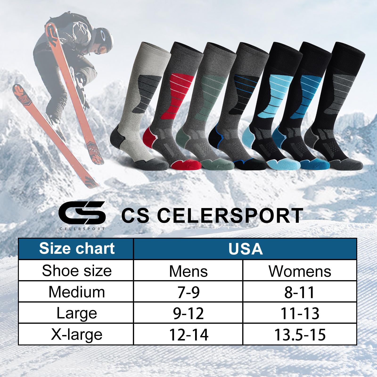 CS CELERSPORT 2 Pack Ski Socks for Men and Women Skiing, Snowboarding, Cold Weather, Winter Performance Socks, Black+Blue, X-Large