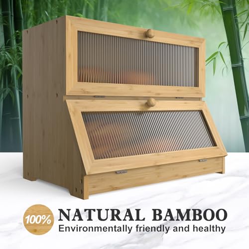 LOHASOK Double Layer Bamboo Bread Box for Kitchen Counter-Large Capacity Bread Storage Container Farmhouse Bread Box with Window Bread Holder⦠(Natural Bamboo)