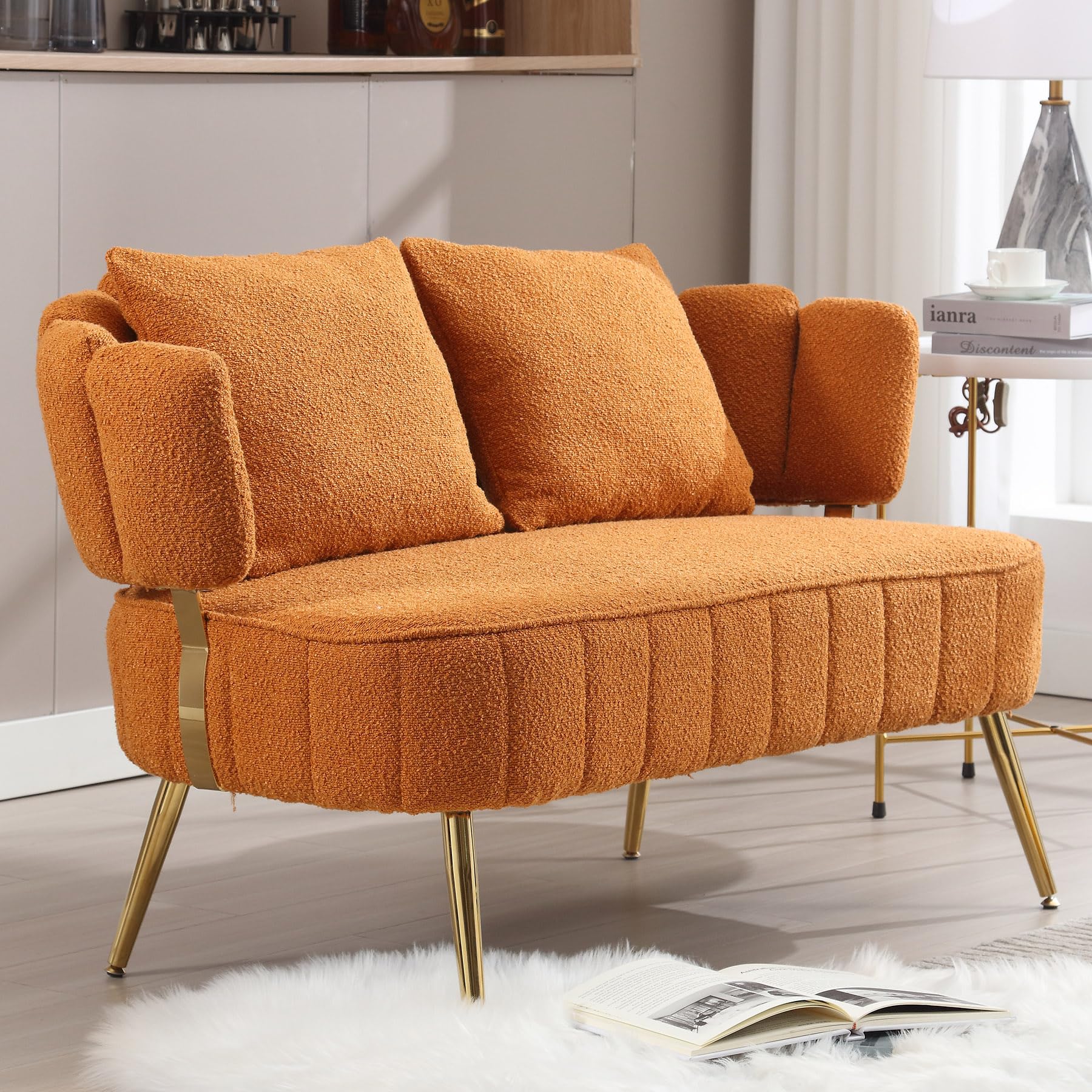 HRVEOCEI Boucle Loveseat Sofa, 52" Small Couch for Small Space Bedroom, Modern Mini Couch Sofa with Gold Chrome Legs and Comfy Pillows for Office Dorm (Orange)