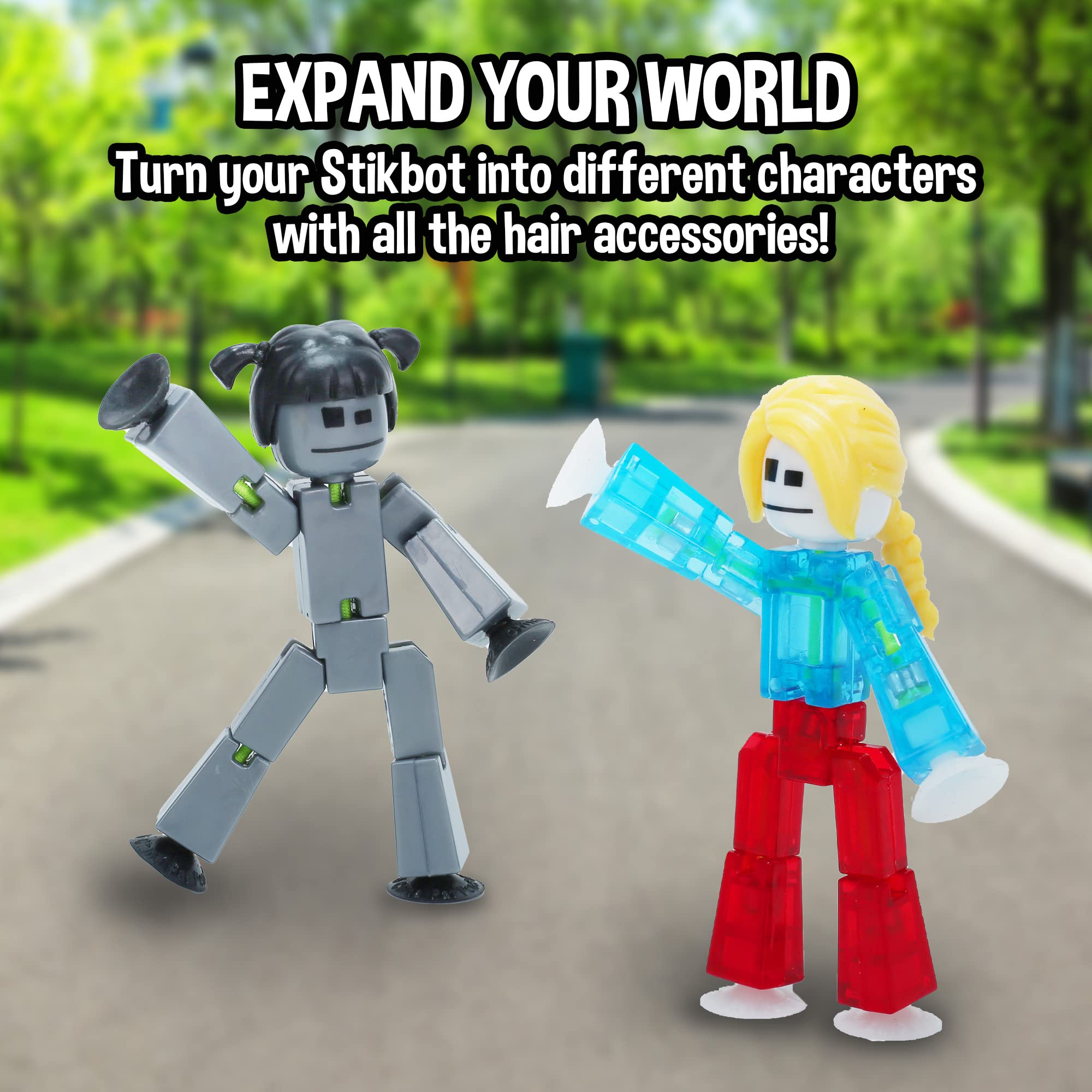 Zing StikBot Action Pack Hairstyle Bundle - Collectible Action Figures and Accessories, Includes 2 Stikbots and 2 Sets of Hairstyle Accessories, Stop Motion Animation, Ages 4 and Up (Set A)