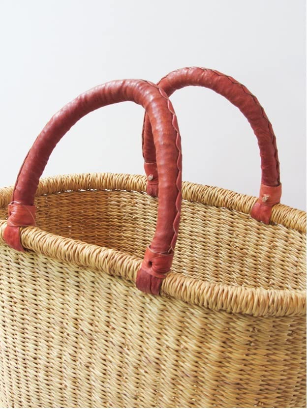 Ghana African Handmade Woven Oval Picnic Shopping Baskets (Natural with Brown Handles)