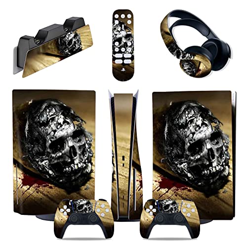 Full Set Skin Decal for PS5 Console Disc Edition Sticker Vinyl Decal Cover for PS5 Controller & Charging Station & Headset & Media Remote (Gold Skull)
