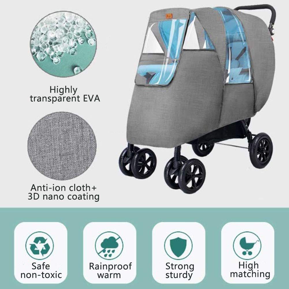 CTEGOOD Rain Cover for Double Stroller Tandem Stroller Weather Shield Universal Size Adjustable Elastic Band, Waterproof, Windproof for Baby Outdoor Protection