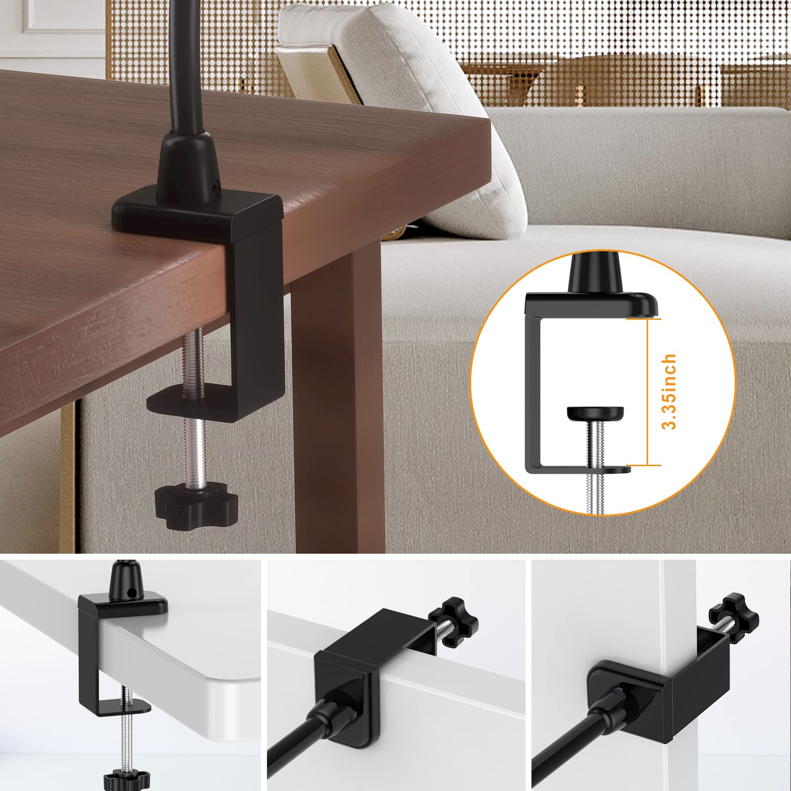 Desk Lamps for Home Office, 10W Clamp Lamp Dimmable Gooseneck Lamp Touch Control, Adjustable Desk Light for Workbench Tabletop (Black)