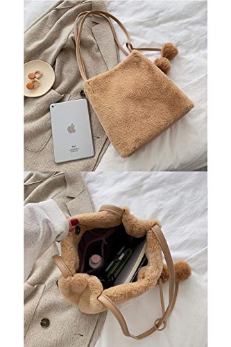 Ulisty Women Autumn Winter Small Faux Fur Shoulder Bag Fluffy Bucket Bag Plush Handbag khaki