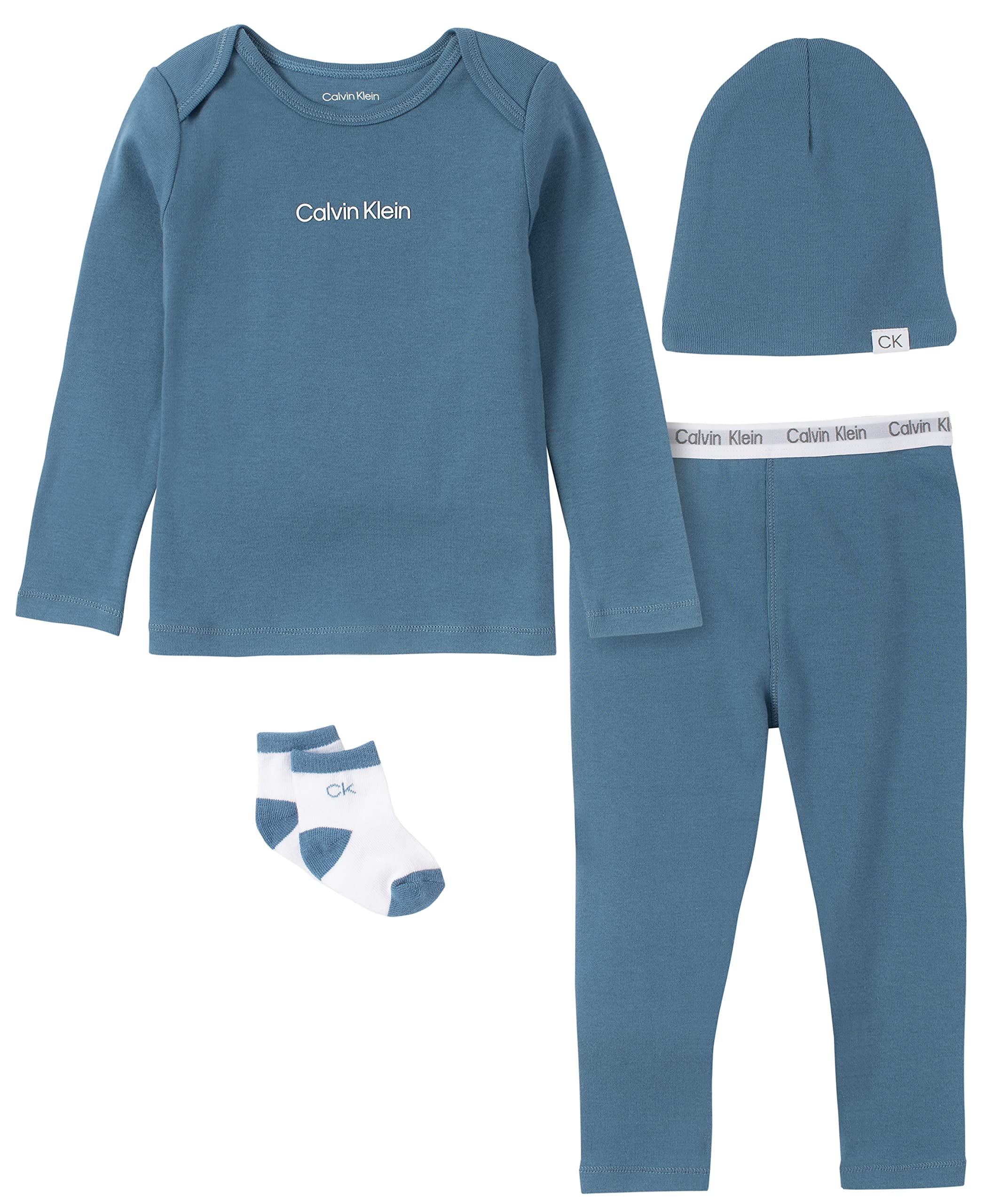Calvin Klein Organic Baby Boys Essentials 4-Piece Set with Long Sleeve Tee & Pants, Ultra-Soft Beanie & Socks Included, Coronet Blue