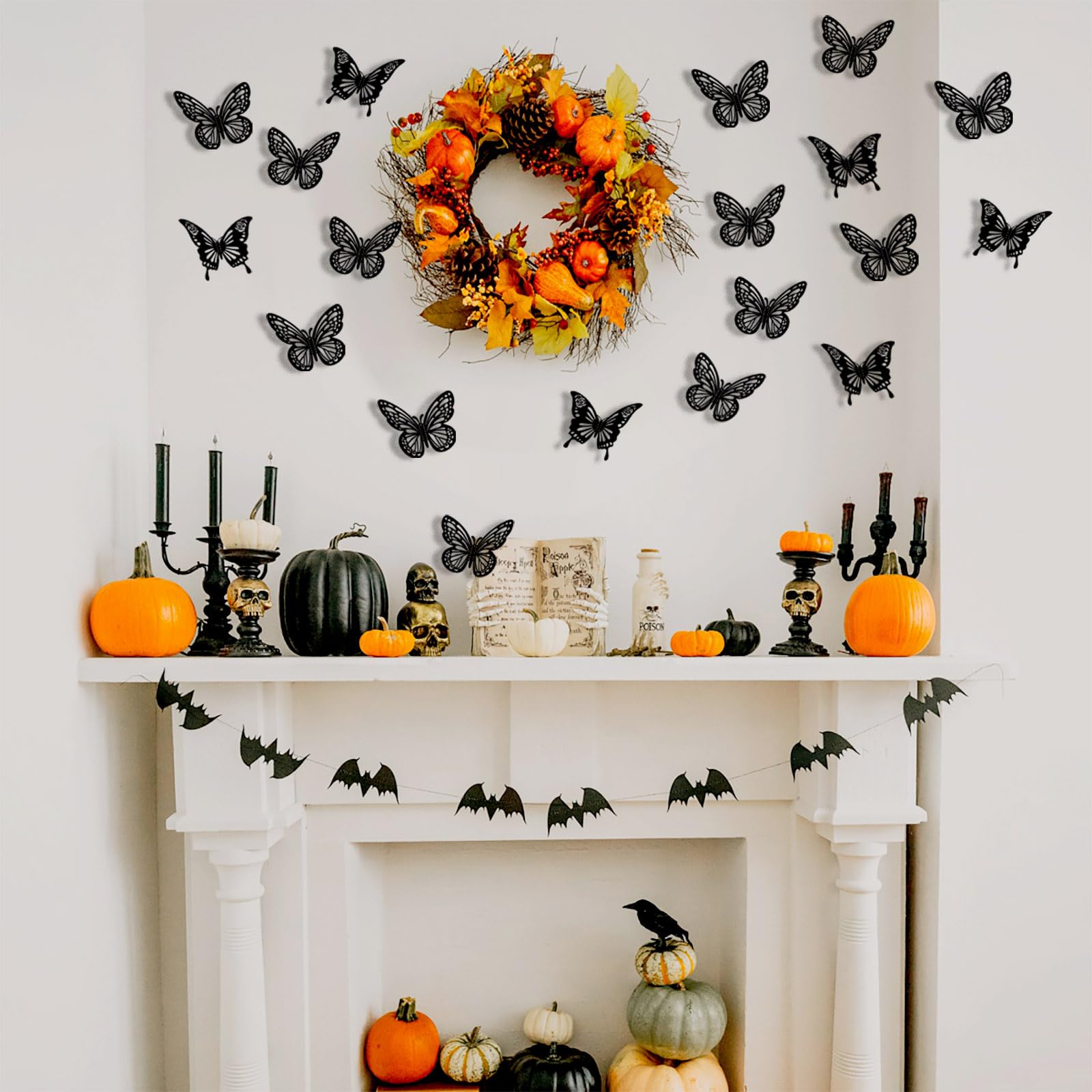 Halloween Black Butterfly Decorations Wall Decor,48Pcs 2 Styles 3 Sizes Butterflies Stickers for Cake Cupcake Toppers, 3D Paper Butterfly Decals for Birthday Goth Party Bathroom