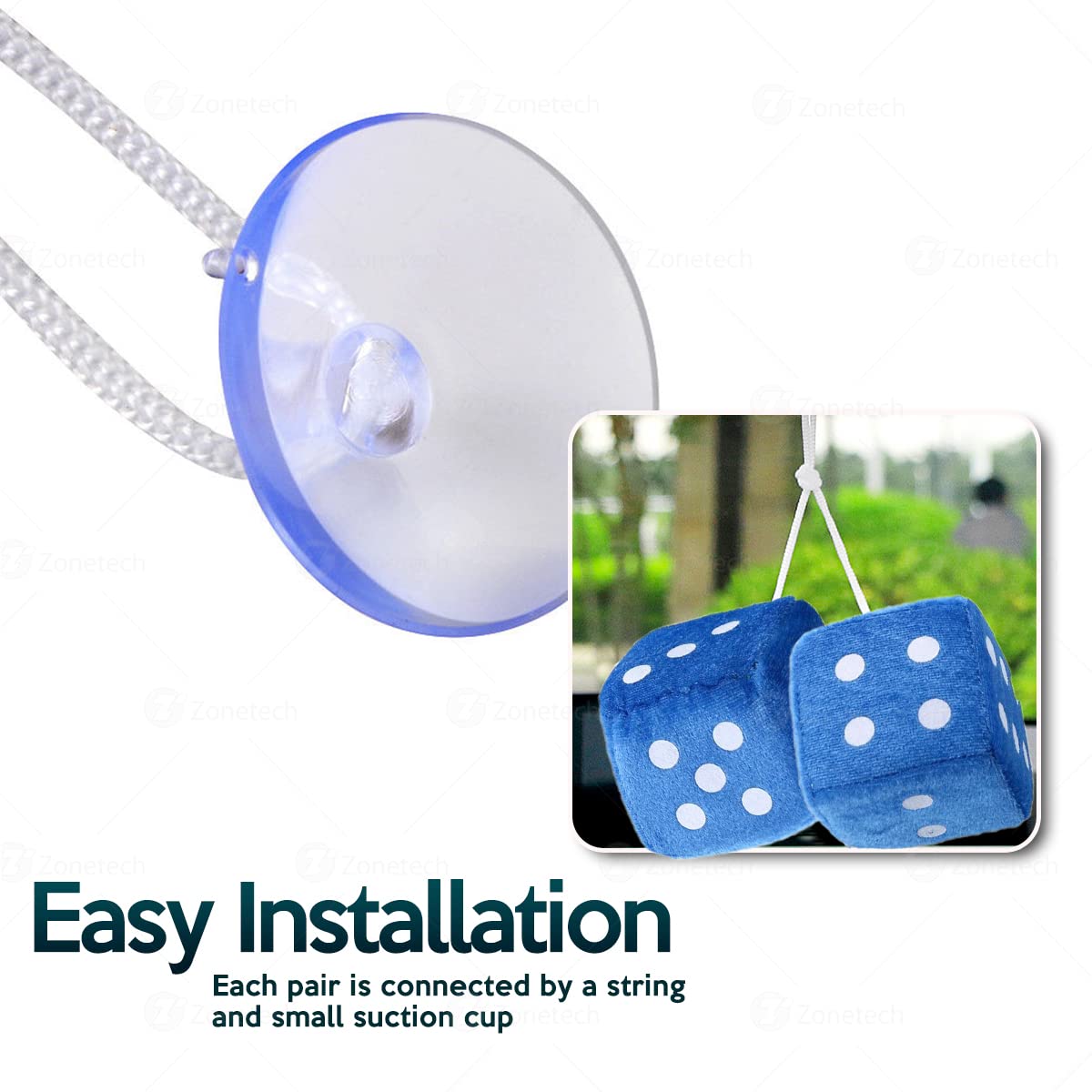 ZONETECH Blue Teal 3" Square Hanging Dice-Soft Fuzzy Decorative Vehicle Hanging Mirror Dice with White Dots