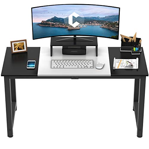 CubiCubi Computer Desk 55" with Splice Board Study Writing Table for Home Office, Modern Simple Style PC Desk, Black Metal Frame, White and Black