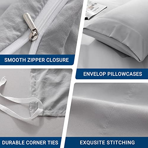Sasttie Duvet Cover Set Queen Size, Light Grey Ultra Soft Prewashed, 3 Pieces, 1 Duvet Cover with Zipper Closure and Corner Ties (90''x90''), 2 Pillowcases (20''x 30'')