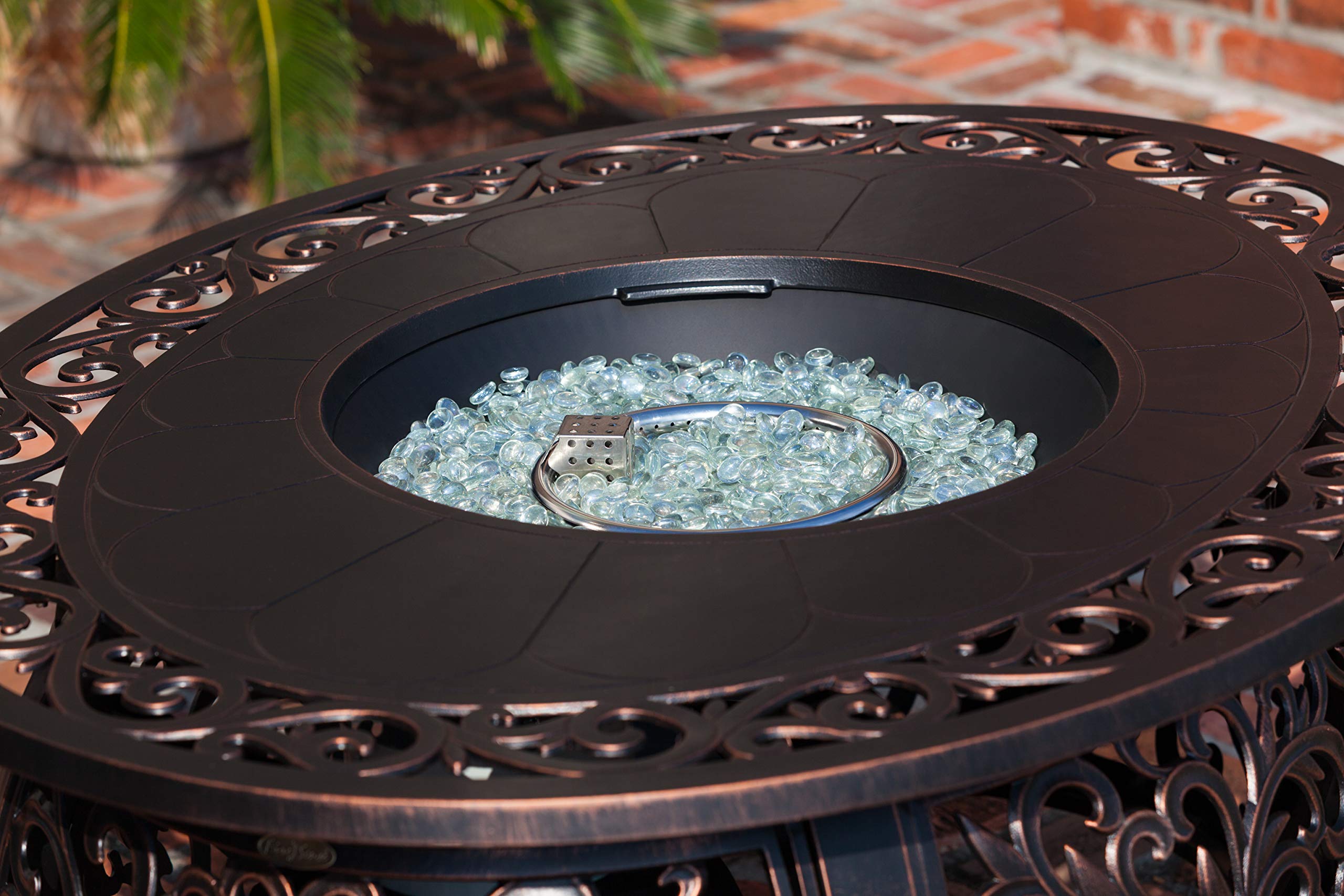 Fire Sense 62198 Toulon Filigree Aluminum Convertible Gas Fire Pit Table 55,000 BTU Outdoor Multi-Functional with Fire Bowl Lid, Nylon Weather Cover & Clear Fire Glass - Bronze Finish - Oval - 48"