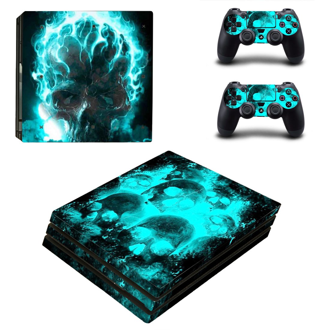 Wodoys Vinyl Stickers Skins Fit for PS4 Pro Console and Controllers Suit Whole Body, Blue Flame Skeleton