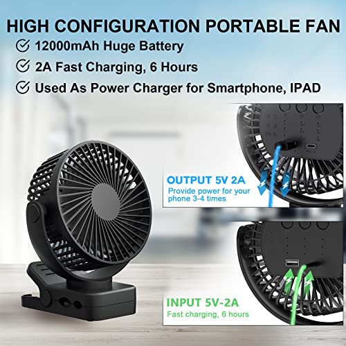 Portable Fan with Remote Control & Timer & LED Lights, 60hrs 12000mAh USB Rechargeable Battery Fan Could Clamp/Hanging/Stand Up, Small Clip on Fan for Baby Stroller, Bed, Desk, Camping Tent, Trave