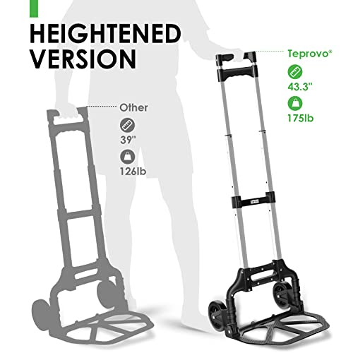Teprovo Folding Hand Truck Dolly Extended Handle,Height 43.3in Aluminum Fold Up Dolly, Portable Hand Truck Folding Lightweight, Foldable Hand Cart 175lbs Capacity,Home, Auto, Office, Travel Use