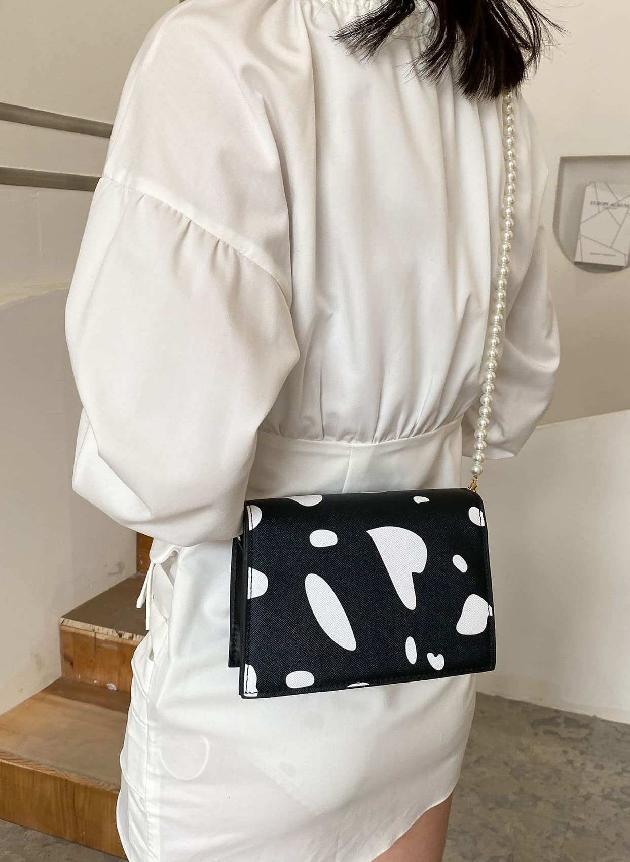 Cow Print Clutches Pearl Strap Evening Purse Mini Handbag Crossbody Bag (Beige)