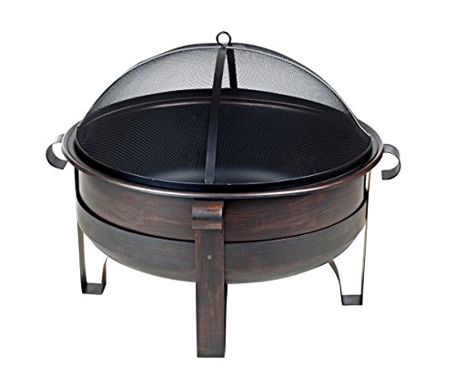 Fire Sense 62339 Fire Pit Cornell Wood Burning Unique Brushed Bronze Finish Lightweight Portable Outdoor Firepit Backyard Fireplace Included Multipurpose Screen Lifter Tool - 31"
