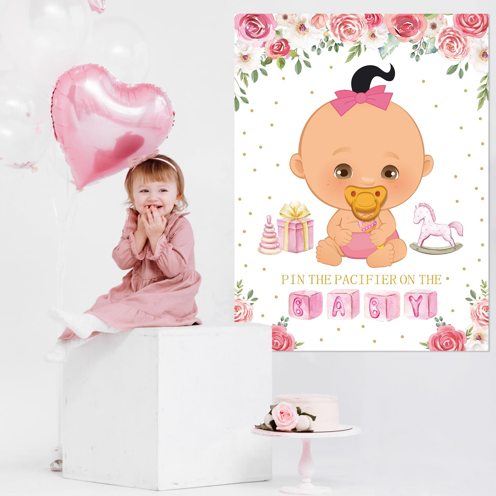 Faccito Pin The Pacifier Baby Shower Games Baby Shower Decoration Include Baby Poster 24 Pacifier Stickers Blindfold Floral Pin Pacifier on Baby Game for Baby Shower Birthday Party Supplies(Pink)