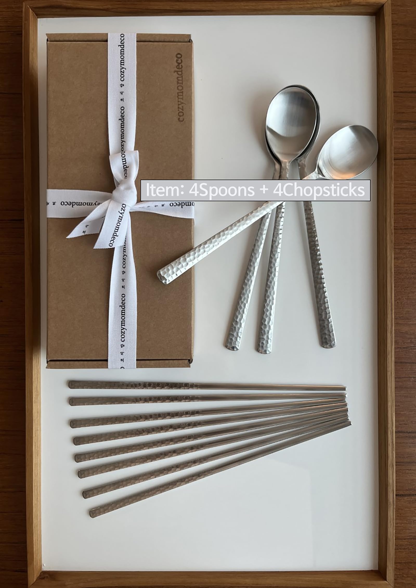 cozymomdeco Korean Made Silver Glossy Hammered Stainless Steel Korean Spoon & Chopstick SET (4SET)