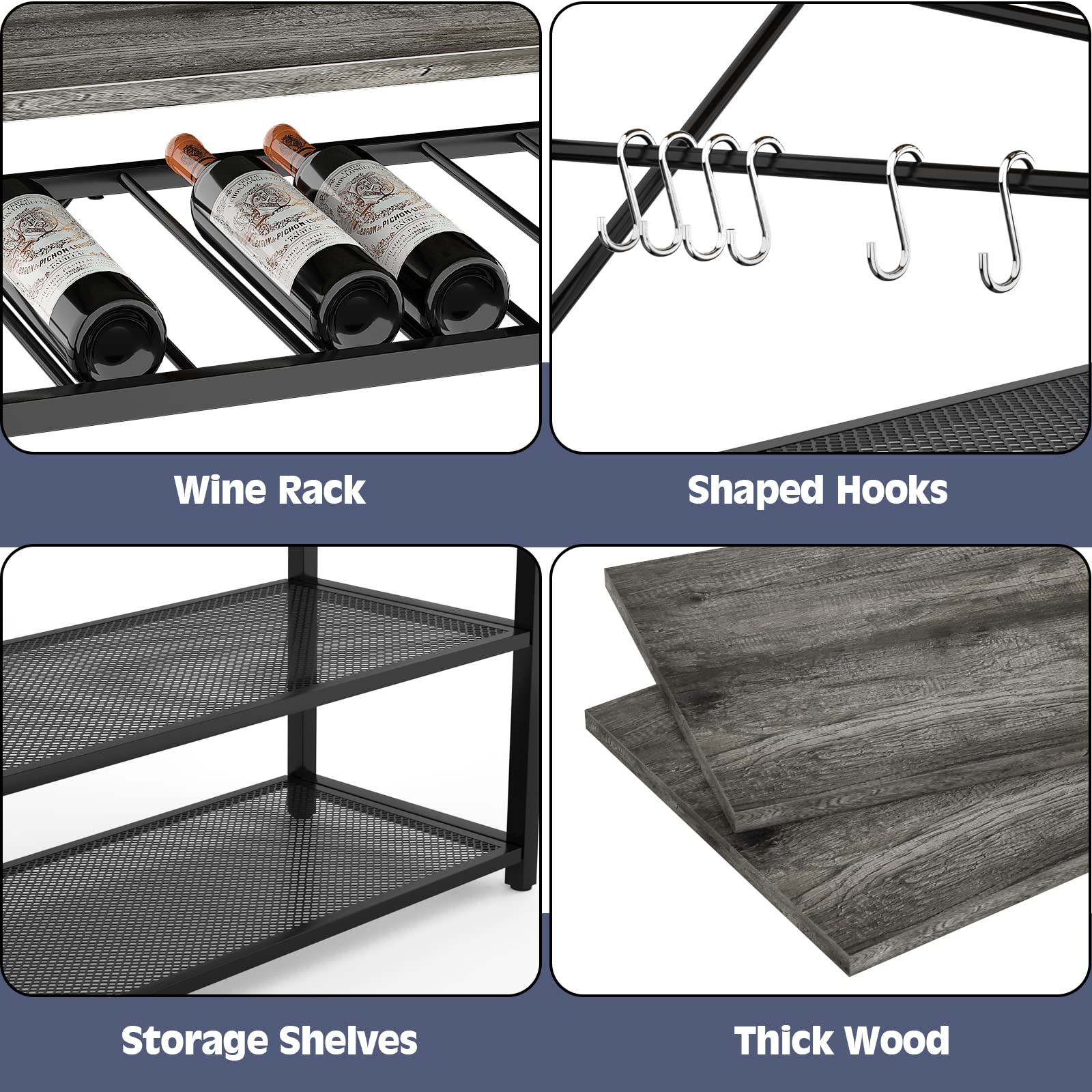 Cyclysio Bakers Rack with Power Outlet, 65.2 Inch Microwave Stands, 6 Tier Coffee Bar Station with Wine Rack, Lager Kitchen Baker Rack with Storage and 8 Hooks, Tall Kitchen Stand with Hutch, Grey