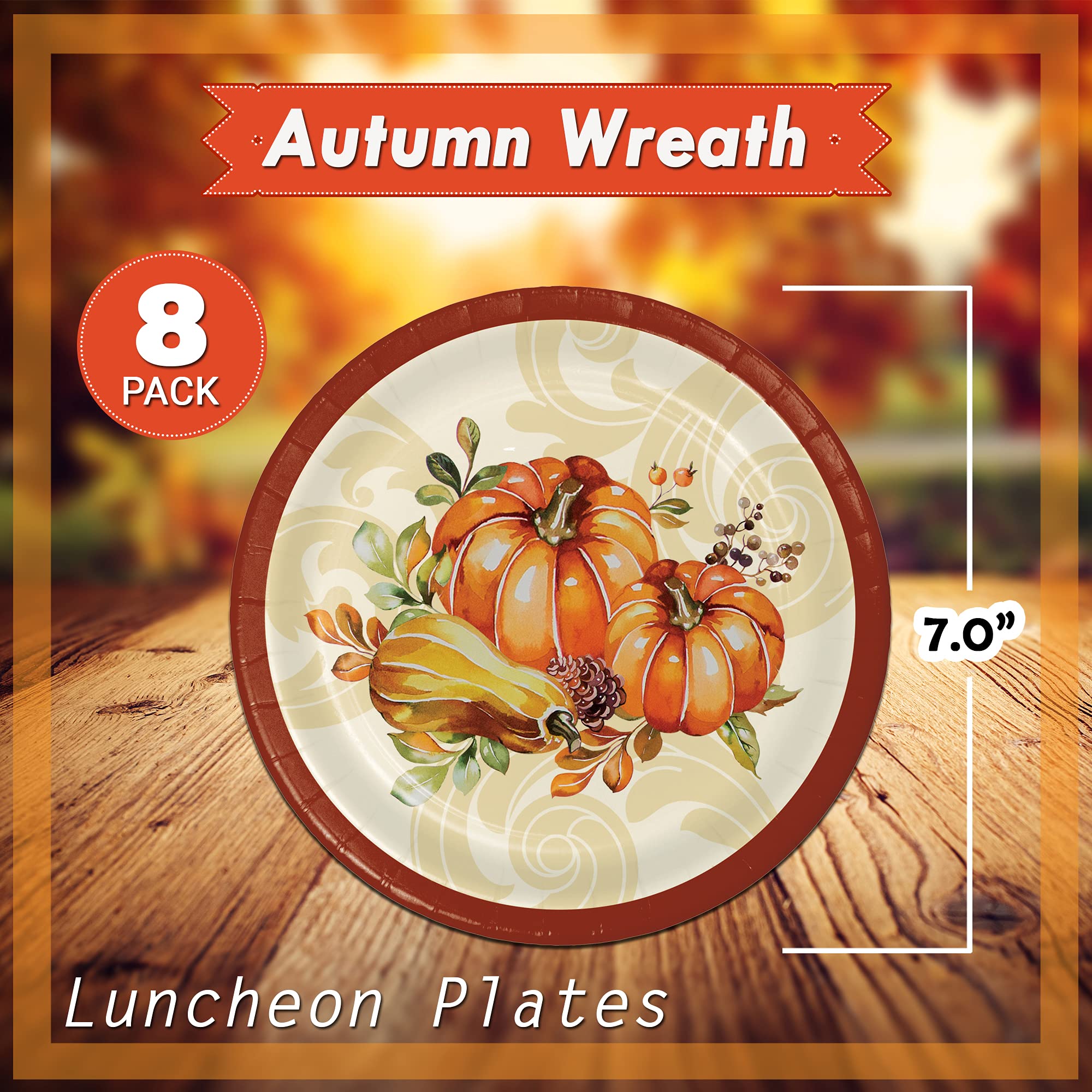 Creative Converting Autumn Wreath Dinnerware Party Bundle | Dinner & Dessert Plates, Luncheon & Beverage Napkins, Table Cover | Thanksgiving Family Dinner, Pumpkins, Cornucopia, Disposable